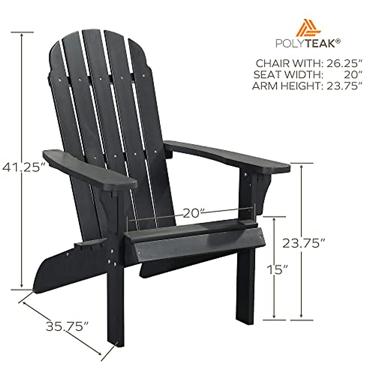 PolyTEAK Traditional Adirondack Chair, Real Wood Look, All Weather Plastic Outdoor Chairs for Firepit, Campfire, Patio, Pool, Easy Assembly with Comfortable Seat for Long Relaxation - Black