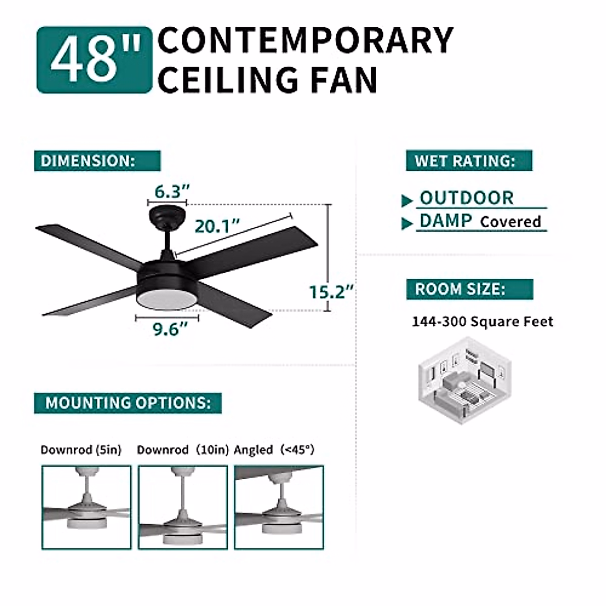 YITAHOME Black Ceiling Fans with Light and Remote, Dimmable Fanlight for Indoor Outdoor, Light Fan with Stepless Color Temperature, Night Light Mode, 48 Inch