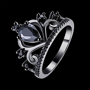 WANGYUSHENG Womens Black Gold Plated Cubic Zirconia CZ Fashion Teardrop Princess Crown Tiara Ring Wedding Band (9)