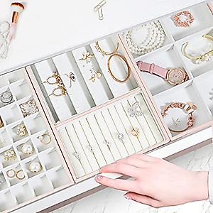 Vee Stackable Jewelry Tray for Drawer, High-Capacity Jewelry Drawer Dresser Storage Organizer for Earring, Ring, Necklace(3 pack with lid, Pink)