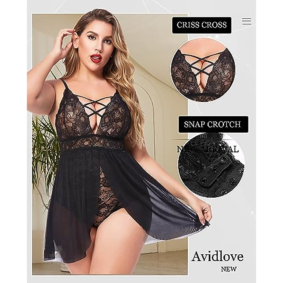 Avidlove Plus Size Lace Sleepwear Sexy Lingerie Lace Babydoll Set Nightwear Dress (Black, 3XL)