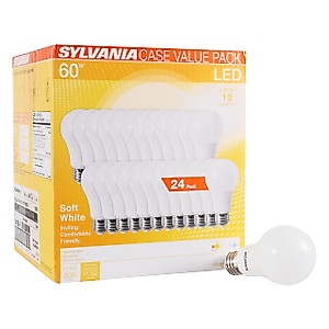 SYLVANIA LED A19 Light Bulb, 60W Equivalent, Efficient 8.5W, 10 Year, 2700K, 800 Lumens, Frosted, Soft White - 24 Pack (74765), Packaging may vary.
