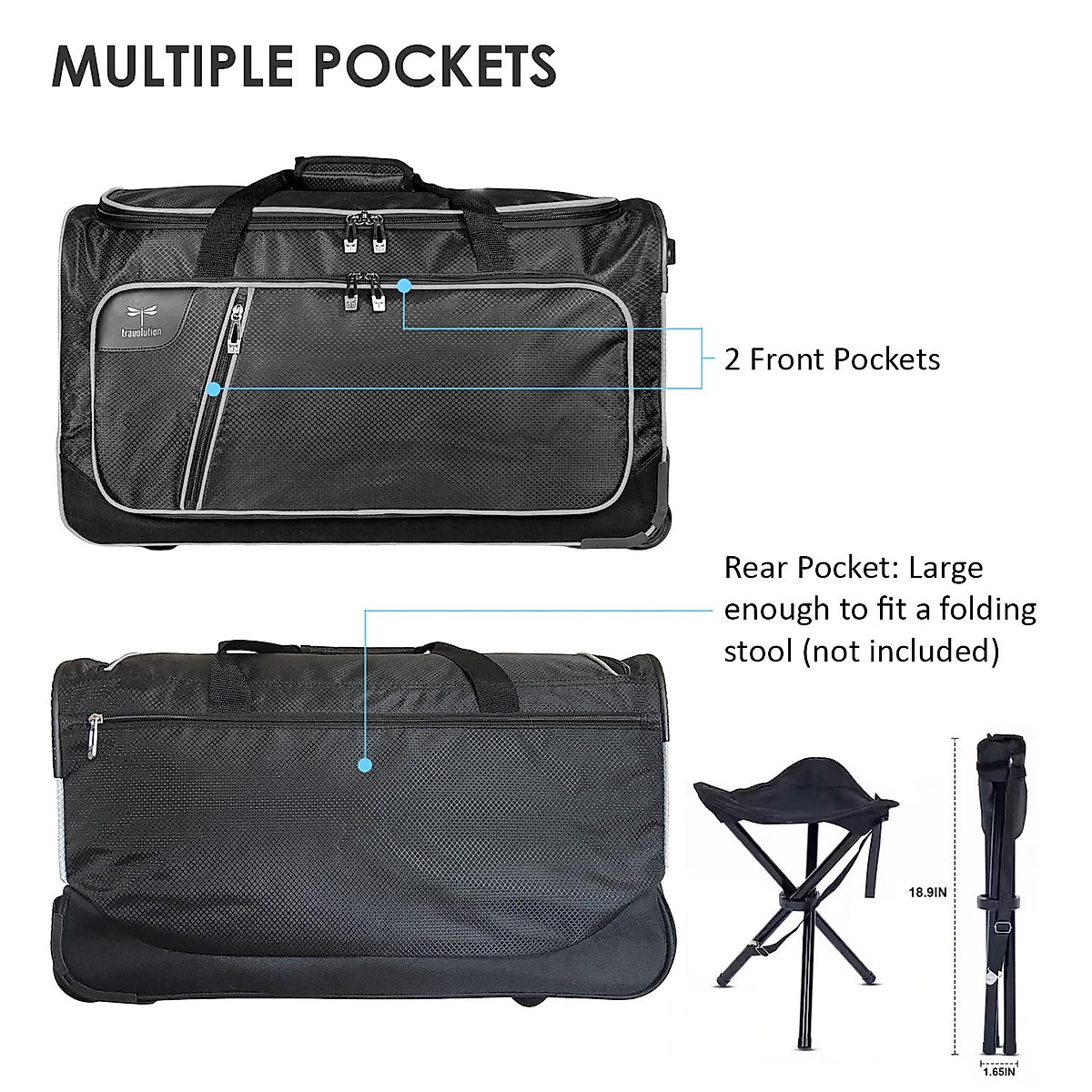 Travolution Dance Bag with Garment Rack, 24 Inch Rolling Duffel With Wheels, Ideal for Competitions & Travel, Easy-assembly Lightweight Aluminum Clothes Rack, Wheeled Upright Luggage, Black/Gray