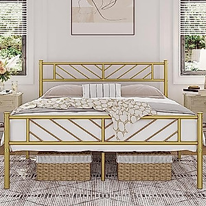 Yaheetech Full Size Platform Bed Frame with Arrow Design Headboard,13 Inches Metal Mattress Foundation for Storage,No Box Spring Needed,Easy Assembly,Modern,Antique Gold