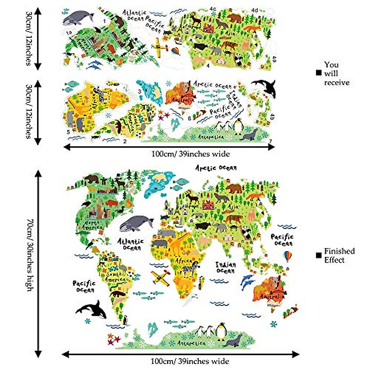 HomeEvolution Large Kids Educational Animal Landmarks World Map Peel & Stick Wall Decals Stickers Home Decor Art for Nursery