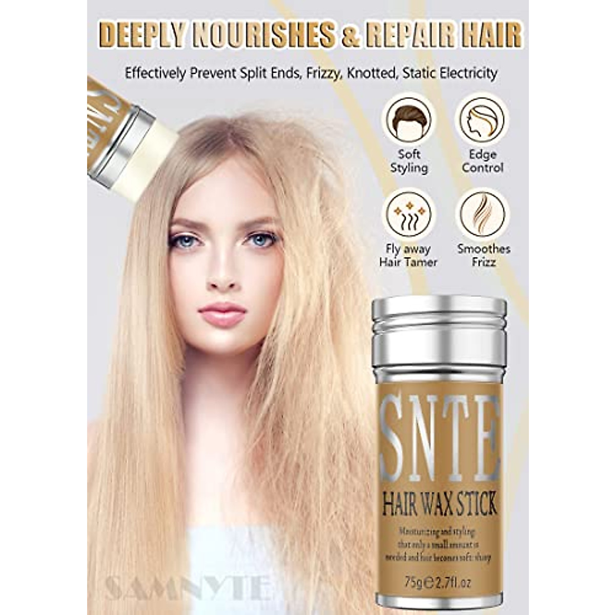 Hair Wax Stick, 2pcs - Wax Stick for Hair Wigs Fly away Hair Tamer Stick for Smoothing Flyaways & Taming Frizz, Flyaways Hair Stick Hair Wax for Women & Baby Hair, New Upgrade Slick Stick by Samnyte