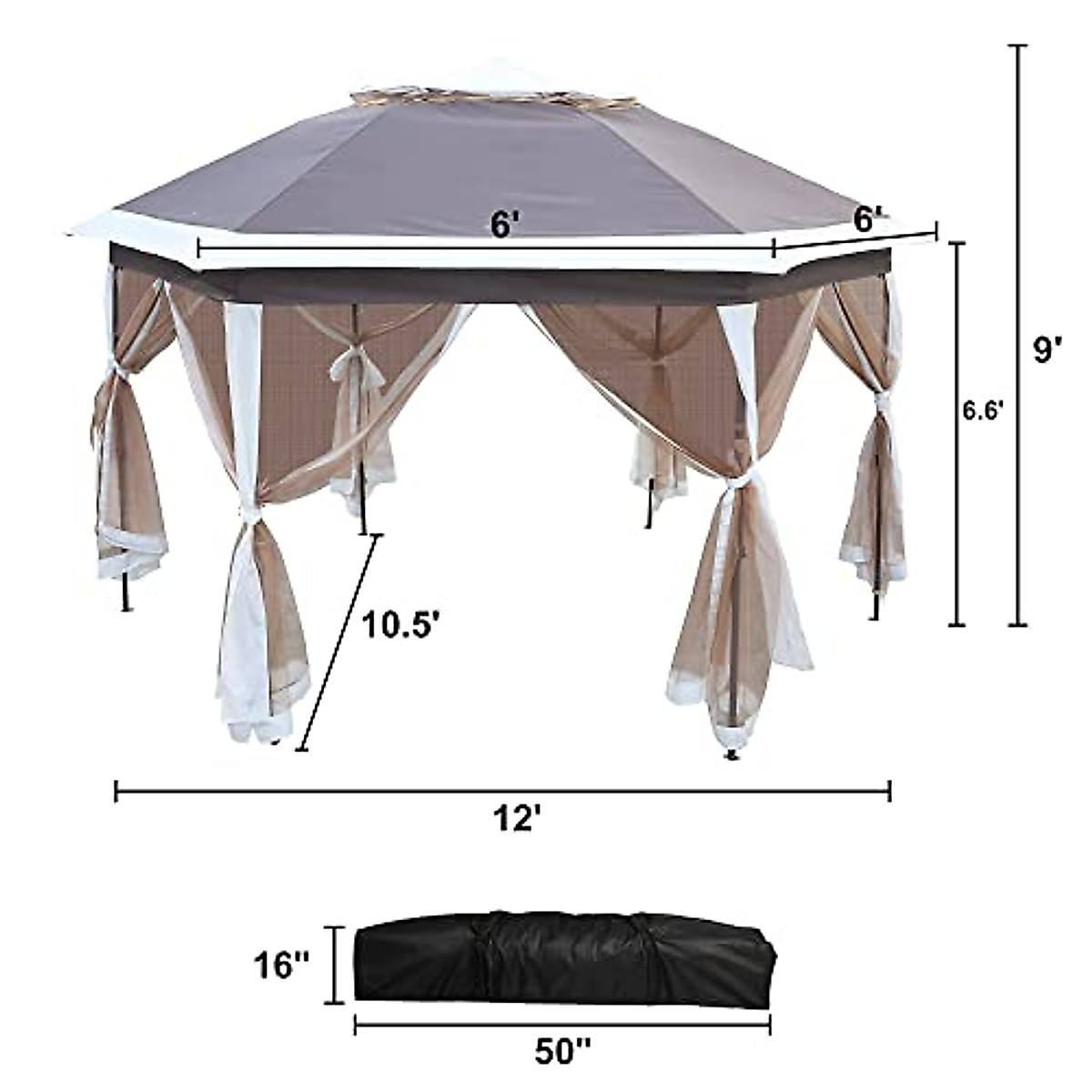LONABR 12’ X 12’ Pop Up Gazebo with Mosquito Netting Hexagonal Outdoor Canopy for Patio,Garden,Backyard Tent Canopy with Strong Iron Frame Storage Bag