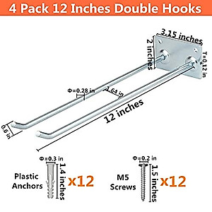 Wall Mounted Steel Long Handled Tools Storage Hooks, 12 Inch Steel Garage Utility Double Rack Organizing Ladders, Rakes, Hose, Shovel, Brooms, Max Capacity 55Lbs (Pack of 4 )