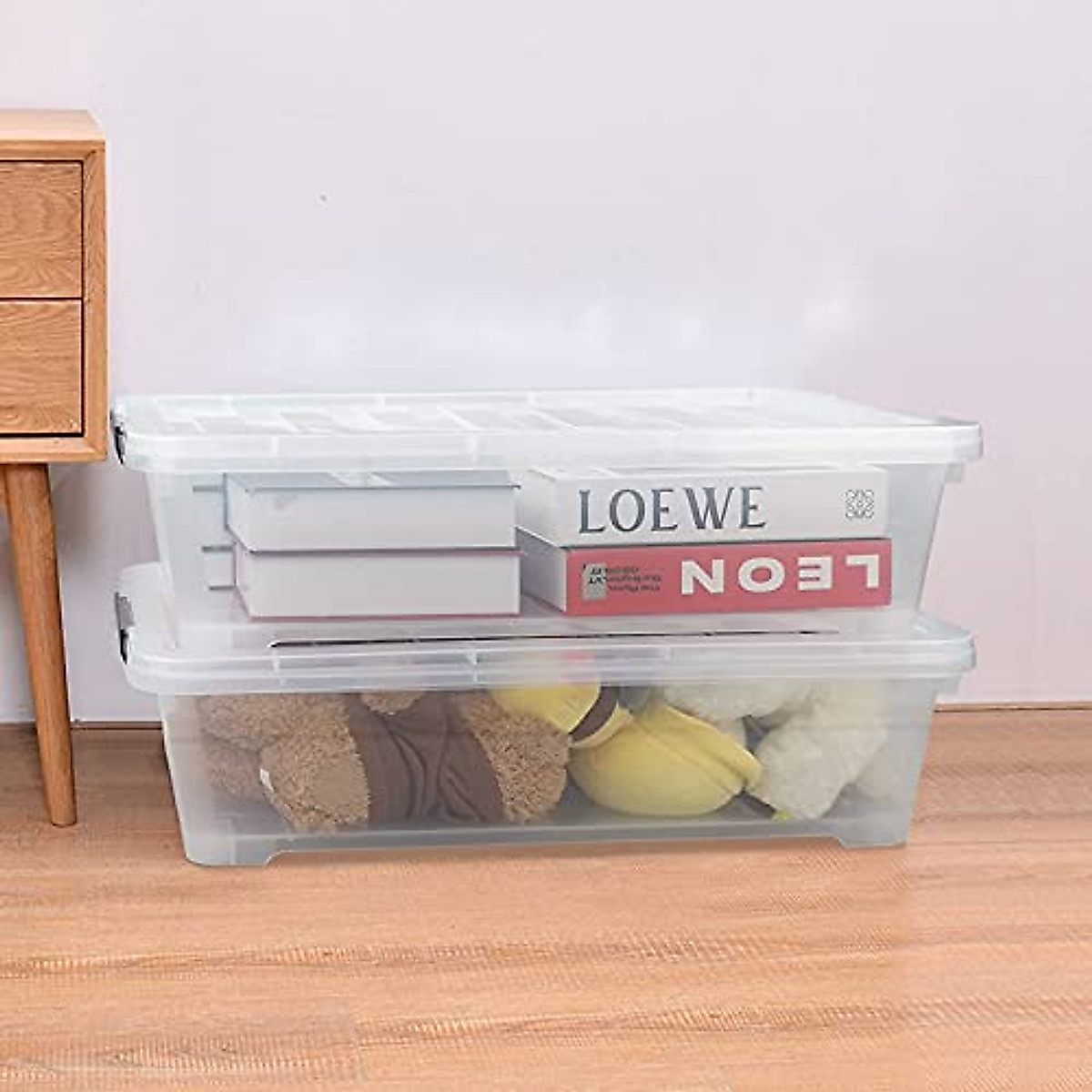 Xyskin 4 Packs 40 Quart Plastic Large Under Bed Storage Box, Clear Storage Bin with Wheels