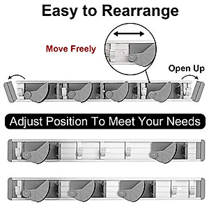 Mop Broom Holder Wall Mount, Metal Broom Organizer Storage Rooms Garage Garden Kitchen Tool Clean Tools Organizer Non-slip Wall Hanger(4 Adjustable Slots & 4 Hooks, Gray)