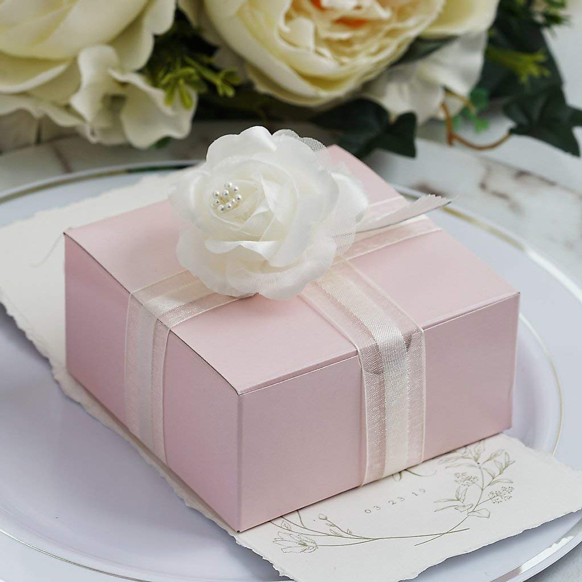TABLECLOTHSFACTORY 100pcs of 4x4x2 Blush Favor Candy Box for Candy Treat Gift Wrap Box Party Favor Boxes for Bridal Shower Wedding Party