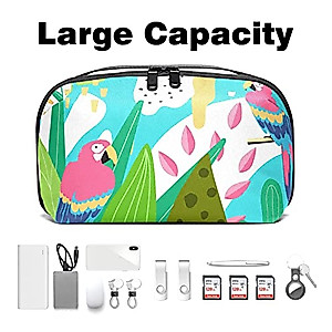 Travel Cord Organizer, Tech Organizer, Electronics Organizer, Cable Organizer Bag, Modern Cartoon Tropical Plant Parrot