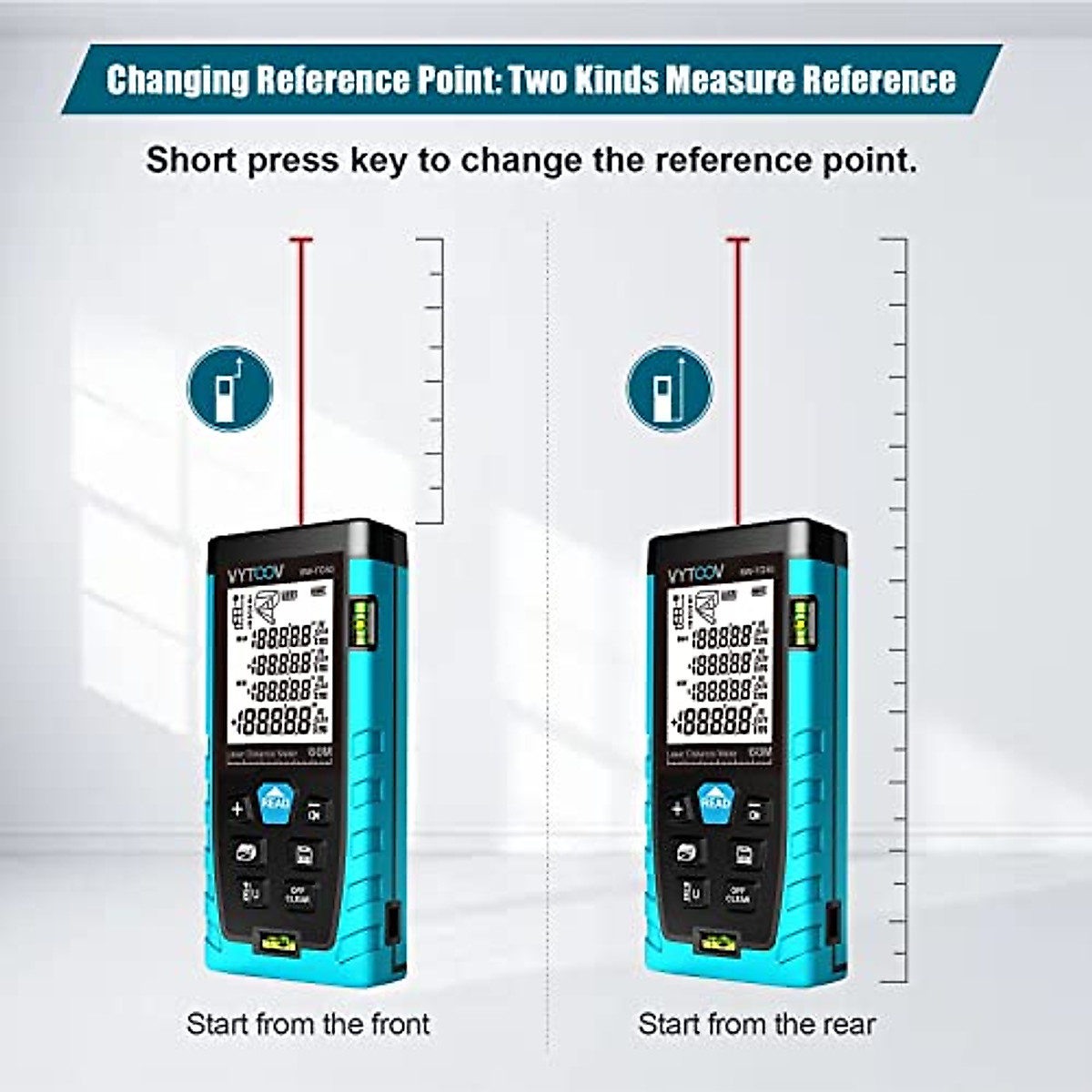 Laser Measure VYTOOV 196Ft Laser Distance Meter 2 Bubble Levels M/Ft/in Switching Laser Measurement Tool Measuring Distance, Area, Volume, Pythagoras, Large Backlit LCD, IP54 Dustproof & Waterproof