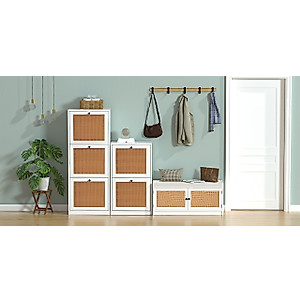 Anmytek Rattan Shoe Cabinet, Entryway Cabinet Wooden Shoe Rack with 3 Flip Drawers, 3-Tier Shoe Storage Cabinet for Entryway Hallway, White S0003