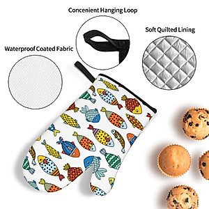 Colorful Fish Oven Mitts and Pot Holders Set of 4, Oven Mittens and Potholders Heat Resistant Gloves for Kitchen Cooking Baking Grilling BBQ