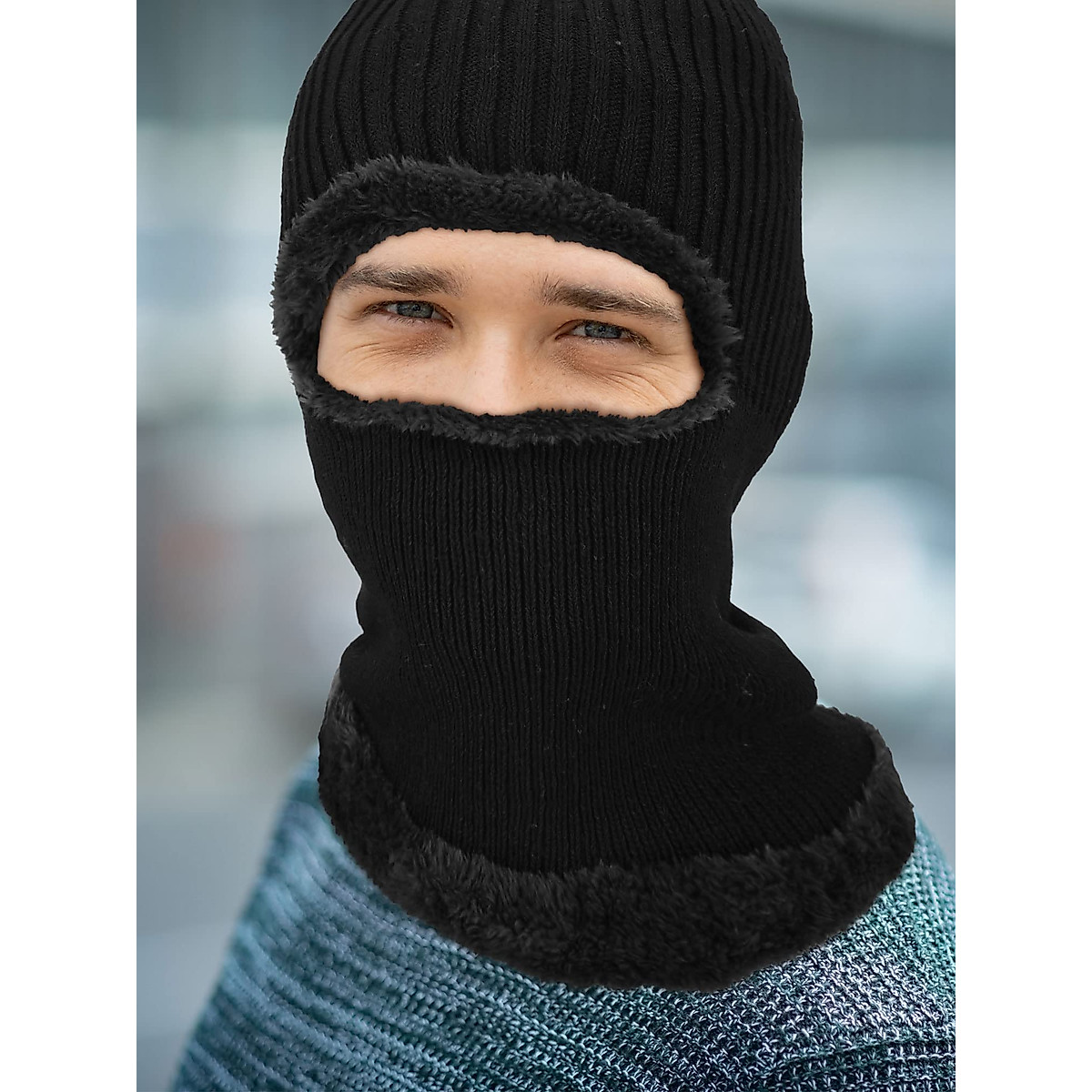 3 Pieces Winter Warm Knitted Balaclava Neck Warmer Hat Fleece Ski Face Covering Windproof Face Scarf for Outdoor Sport (Navy Blue, Light Gray, Black,M)