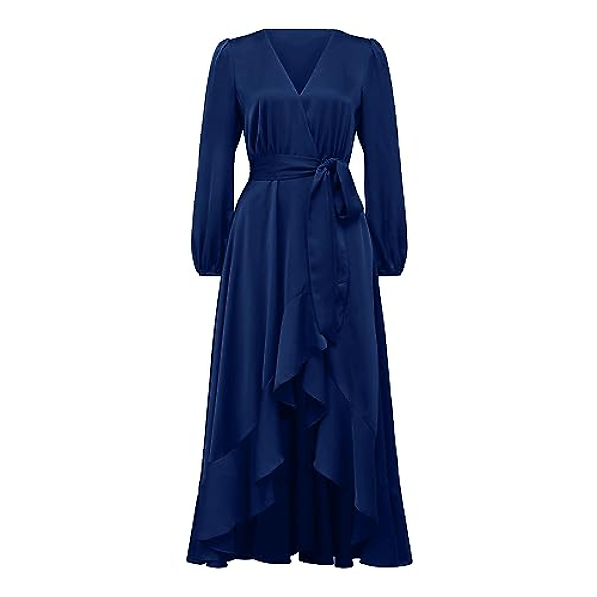 PRETTYGARDEN Women's 2023 Fall Dresses Casual Long Sleeve Wrap V Neck Maxi Dress High Low Wedding Guest Dress Ruffle Hem (Navy,Large)