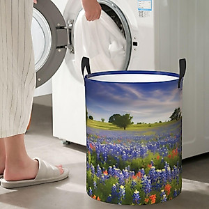 Round Laundry Basket with Handles Waterproof Laundry Hamper for Bathroom Texas Bluebonnets Scenery Circular Storage Basket Lightweight Organizer Basket for Dirty Clothes Dirty Clothes Hamper