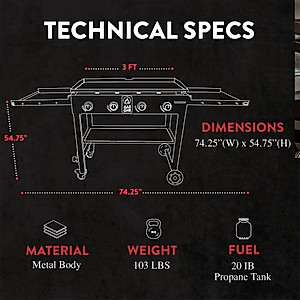 Gas One Propane Burner Grill – 36-Inch Flat Top Grill Griddle Cooking Station – Foldable 4 Burner Propane Grill with Pre-Seasoned Griddle – Professional Burners for Outdoor Cooking with Side Shelves