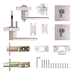 Set of 2 GOBEKOR Square Keyed-Alike Front Door Entry Lever Lockset and Double Cylinder Deadbolt Combination Sets with Same Key,Satin Nickel Finished