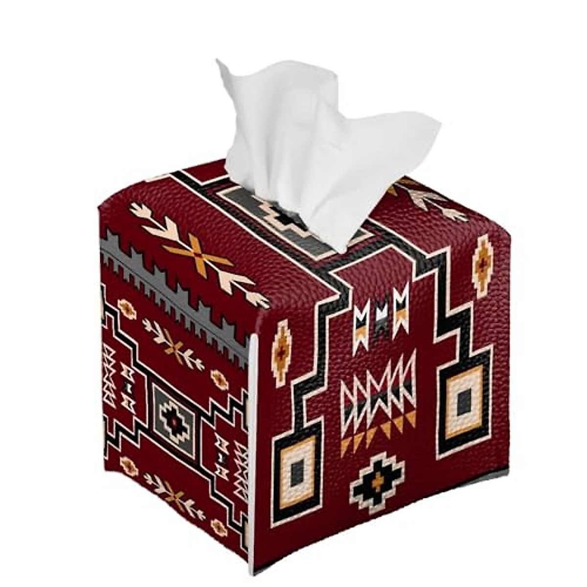Gearider PU Leather Tissue Box Holder, Brown Aztec Tribal Modern Square Tissue Box Cover Decorative Paper Facial Case Dispenser for Bathroom, Office, Car, Home Decor