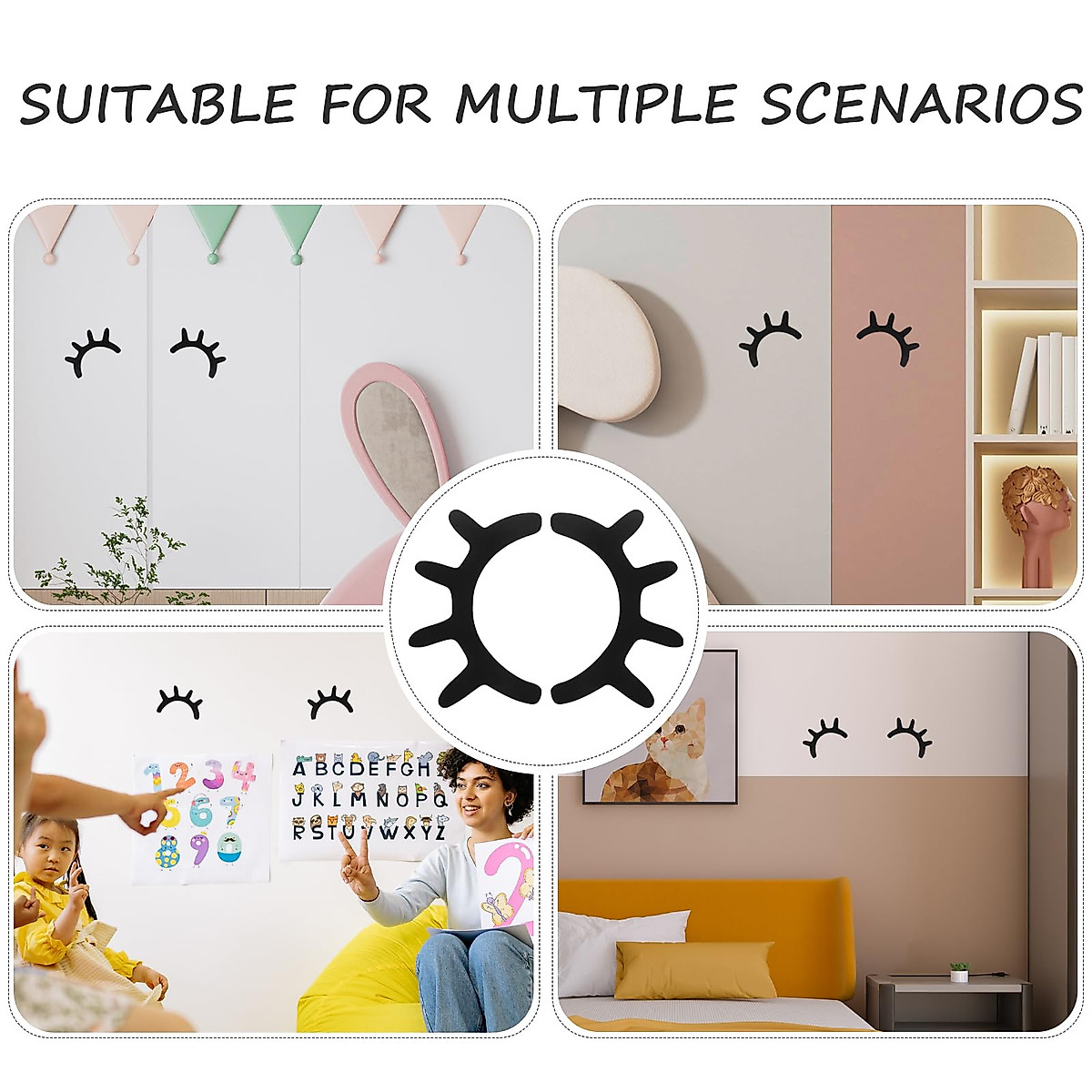 VOSAREA 2pcs Sleepy Eyes Wall Decor Wooden Eyelash Bedoom Wall Decoration Sleepy Eyes Wall Stickers Art Decals for Nursery Baby Room Kids Bedroom, Black