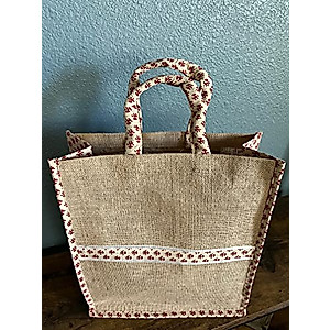 Stylish Hand made Jute Bags - Unique bag designs (supports under privileged women), Beige With Red Or Yellow Accents