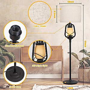 Rustic Farmhouse Floor Lamp with LED Night Light, 2-Light Tall Standing Lamp, Vintage Pole Light with Beige Linen Drum Shade，Industrial Black Stand Up Lamp for Bedroom, Living Room, Reading, Office