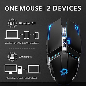 TENMOS T21 Bluetooth Mouse, 2.4G LED Dual Mode (Bluetooth 5.1+ USB) Bluetooth Wireless Mouse, Rechargeable Silent Computer Gaming Mice for Laptop, iPad, MacOS, PC, Windows, Android (Black)