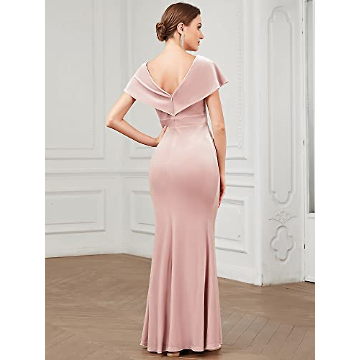 Ever-Pretty Women's V Neck Cap Sleeves Backless Memaid Long Autumn Velvet Formal Evening Gowns Pink US8
