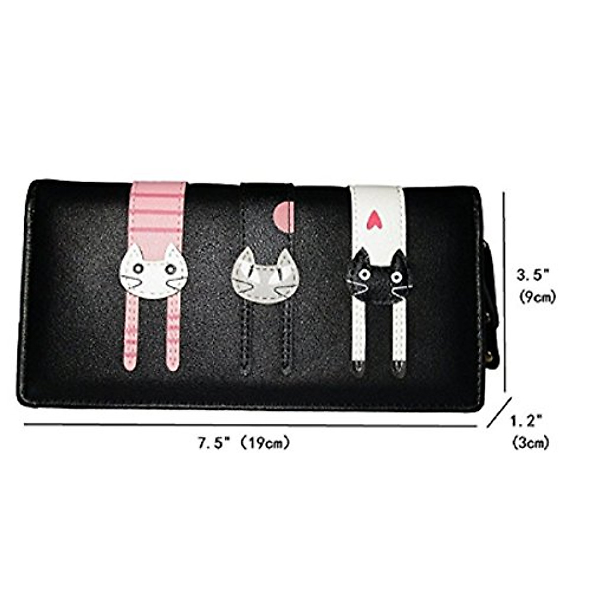 Women's Wallet Cute Cat Wallet Coin Purse Bifold Long Purse with Zipper Black
