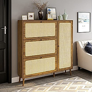 FOKWE Natural Rattan Shoe Cabinet, Shoe Cabinet with 3 Flip Drawers and Storage Shelves, Modern 3-Tier Shoe Rack Storage Cabinet for Entryway, Hallway, Bedroom(Walnut)