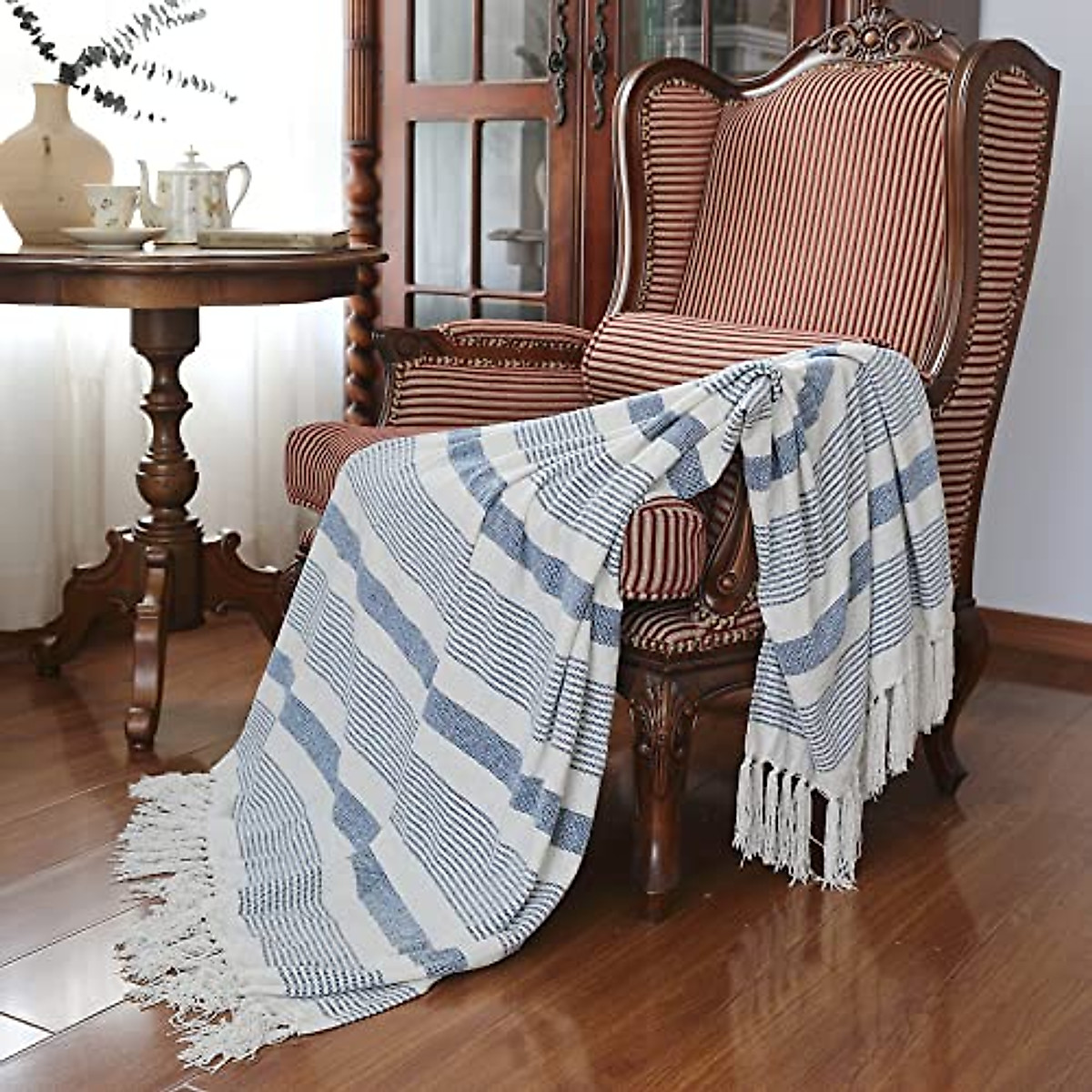 Boho Farmhouse Woven Navy and Ivory Chenille Throw Fringe 50 x 60 Blanket Blue and White Striped, Velvety Decorative Textured Throw, Soft Cozy Blanket with Tassels for Couch, Bed, Sofa, Office