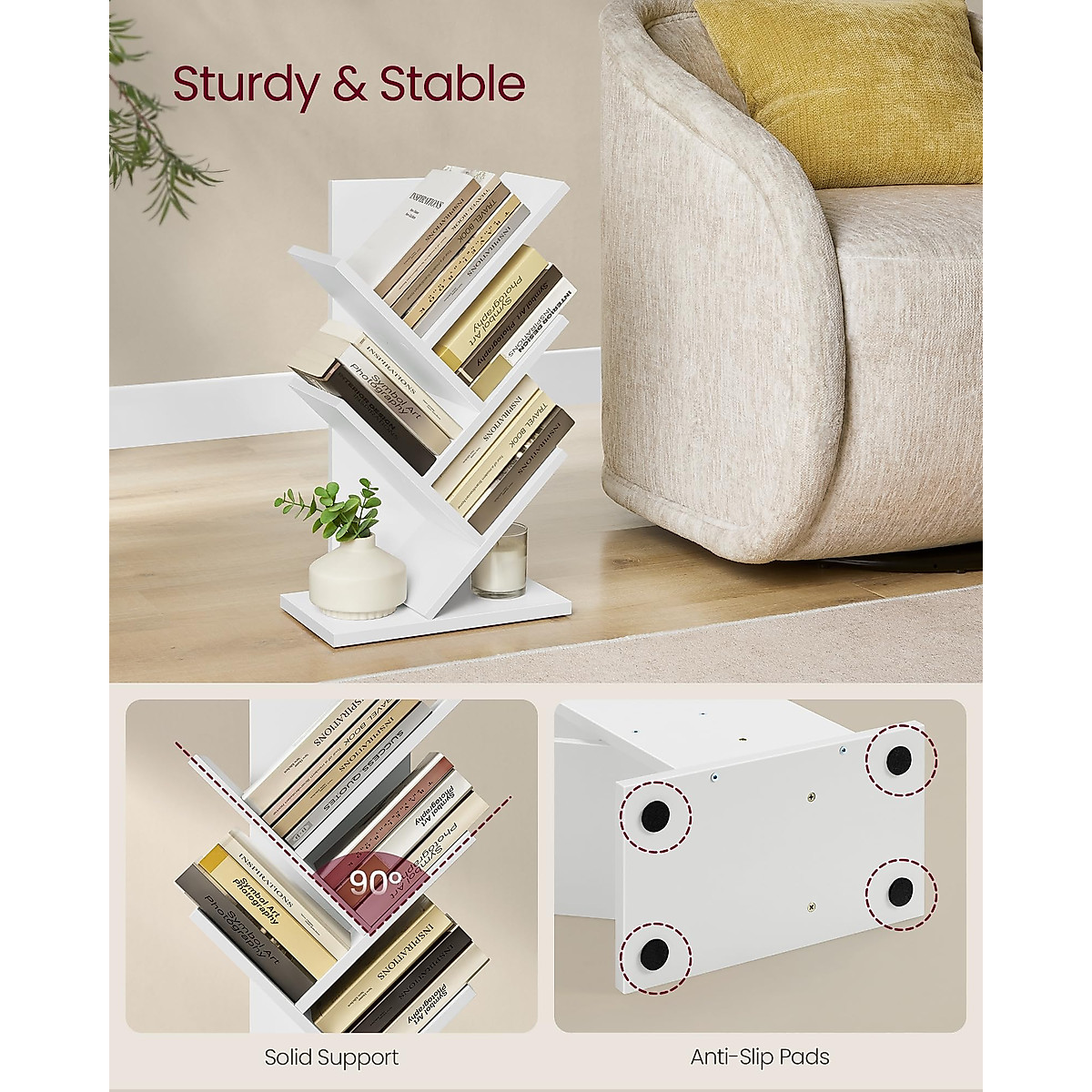 VASAGLE Tree Bookshelf, 5-Tier Bookcase, Small Bookshelf, Space-Saving Corner Shelf, Book Tree, Holds Books, CDs, Games, for Bedroom, Living Room, Home Office, Cloud White ULBC183T14