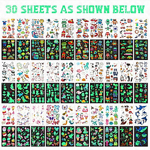 Sinmoe 400 Pieces Glow Temporary Tattoos for Kids Waterproof Luminous Mixed Style Cartoon Tattoo, Unicorn Dinosaur Mermaid Animal Fake Tattoo Stickers Party Supplies, 30 Sheets