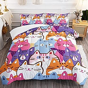 BSNTHO Cute Cat Comforter Set for Kids Boys Girls Cartoon Cat Kawaii Bedding Sets Full Size Kitten Comforter with 2 Pillowcases for All Season Skin-Friendly Lightweight