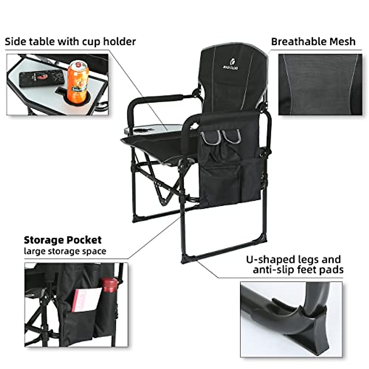 ROCK CLOUD Folding Camping Chair with Storage Pocket and Side Table Compact Portable Camp Chairs Outdoor for Camp Lawn Hiking Fishing Sports Black