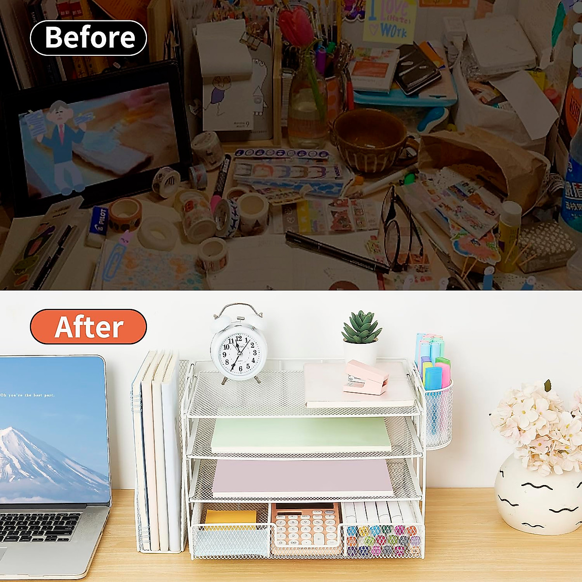 ORDROLL Desk Paper Organizers and Accessories - 4-Tier Paper Letter Tray Organizer with File Holder,Drawer and 2 Pen Holders,Desk Accessories & Workspace Organizers for Office,School,Home(White)