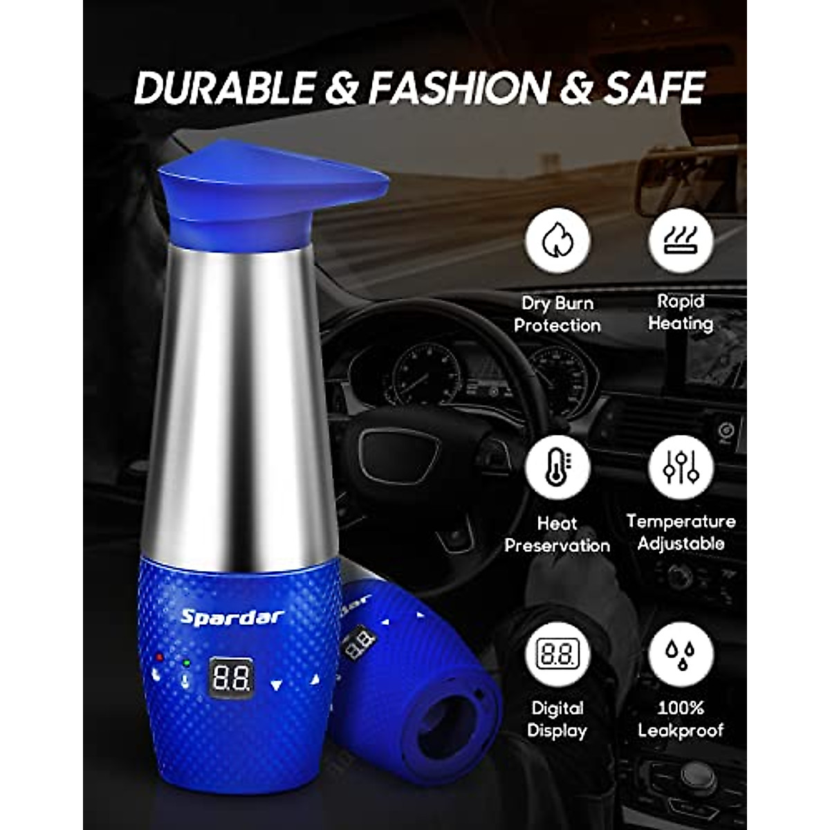Car Kettle 12V, Portable Car Kettle Water Boiler with Temperature Control, Stainless Steel Inner, Quick Boiling, Auto Shut-Off, Leak Proof and Boil-Dry Protection, 348ml