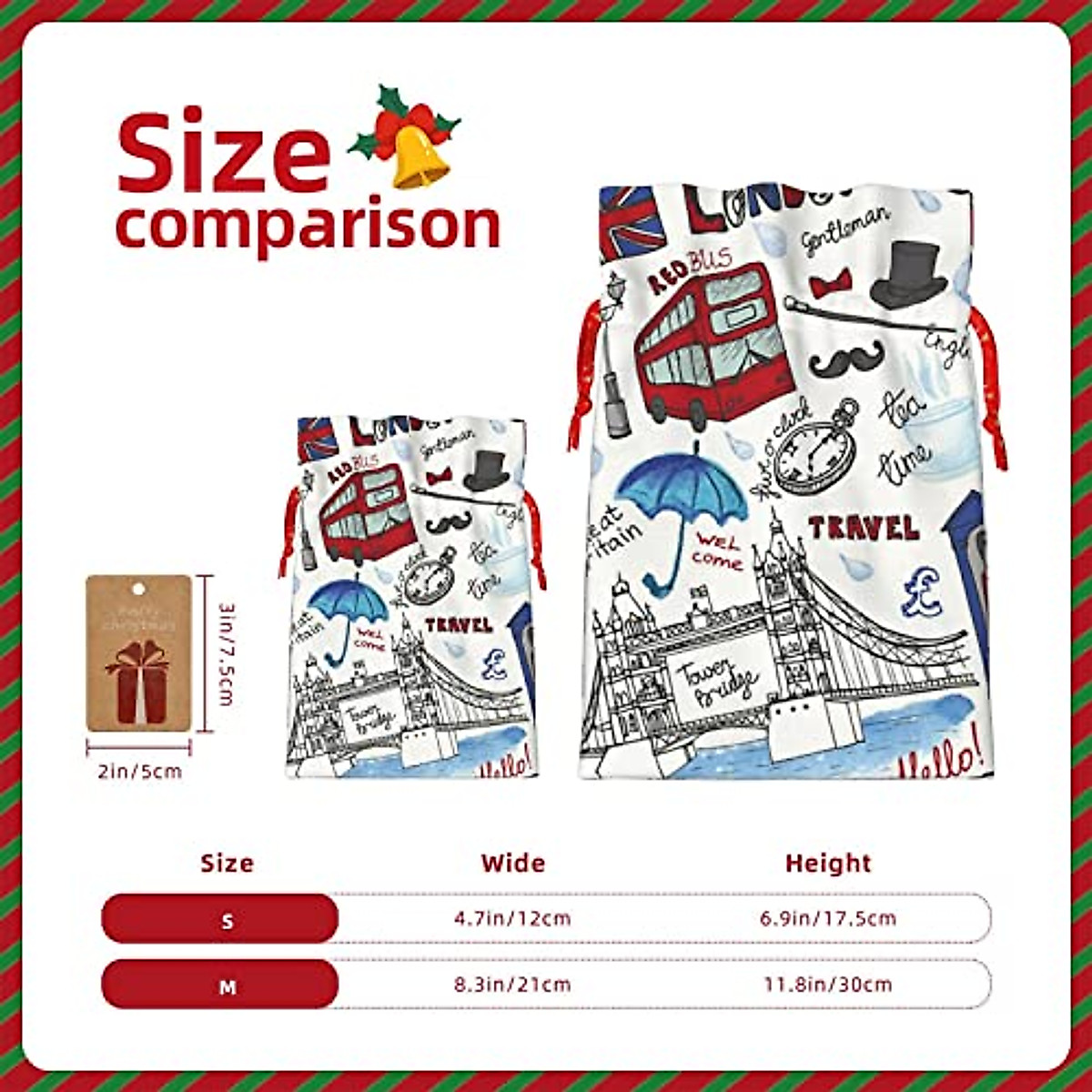 Londonchristmas Drawstring Gift Bag, Linen Drawstring Gift Bag, Reusable Drawstring Gift Bag, Used For Christmas, Birthday, Wedding Supplies
