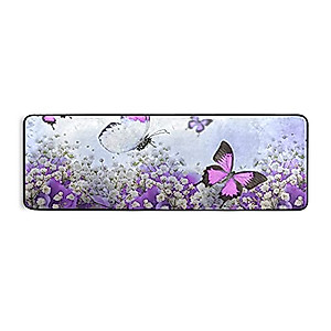 Purple Flowers and Butterflies Kitchen Rugs Non-Slip Soft Doormats Bath Carpet Floor Runner Area Rugs for Home Dining Living Room Bedroom 72" X 24"