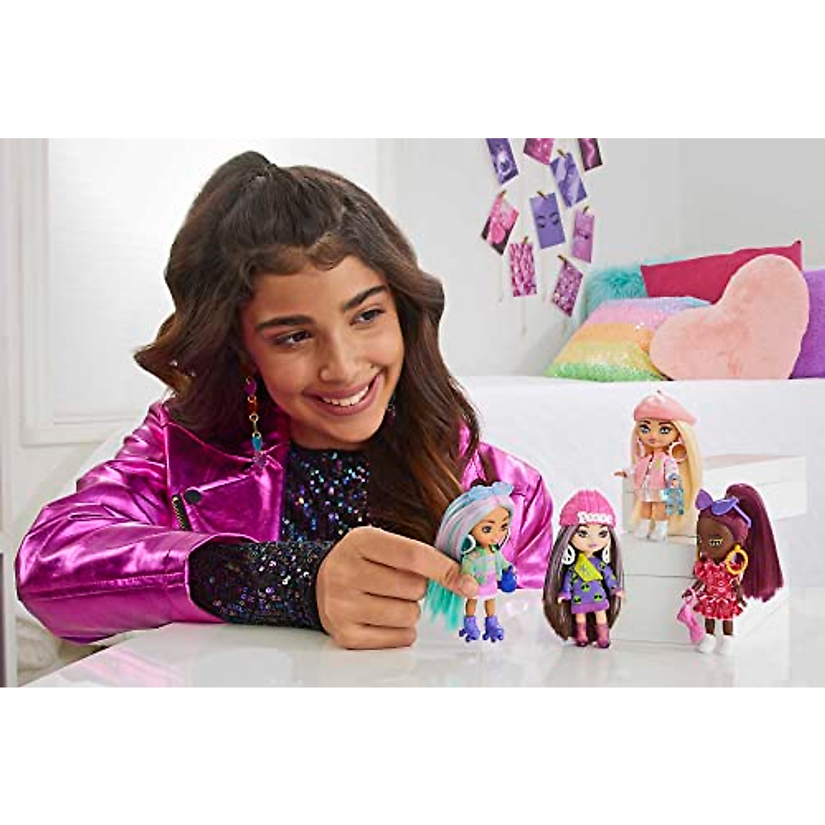 Barbie Extra Mini Minis Doll with Brunette Hair, Alien Sweater Dress & Peace Sign-Themed Accessories & Stand, 3.25-inch