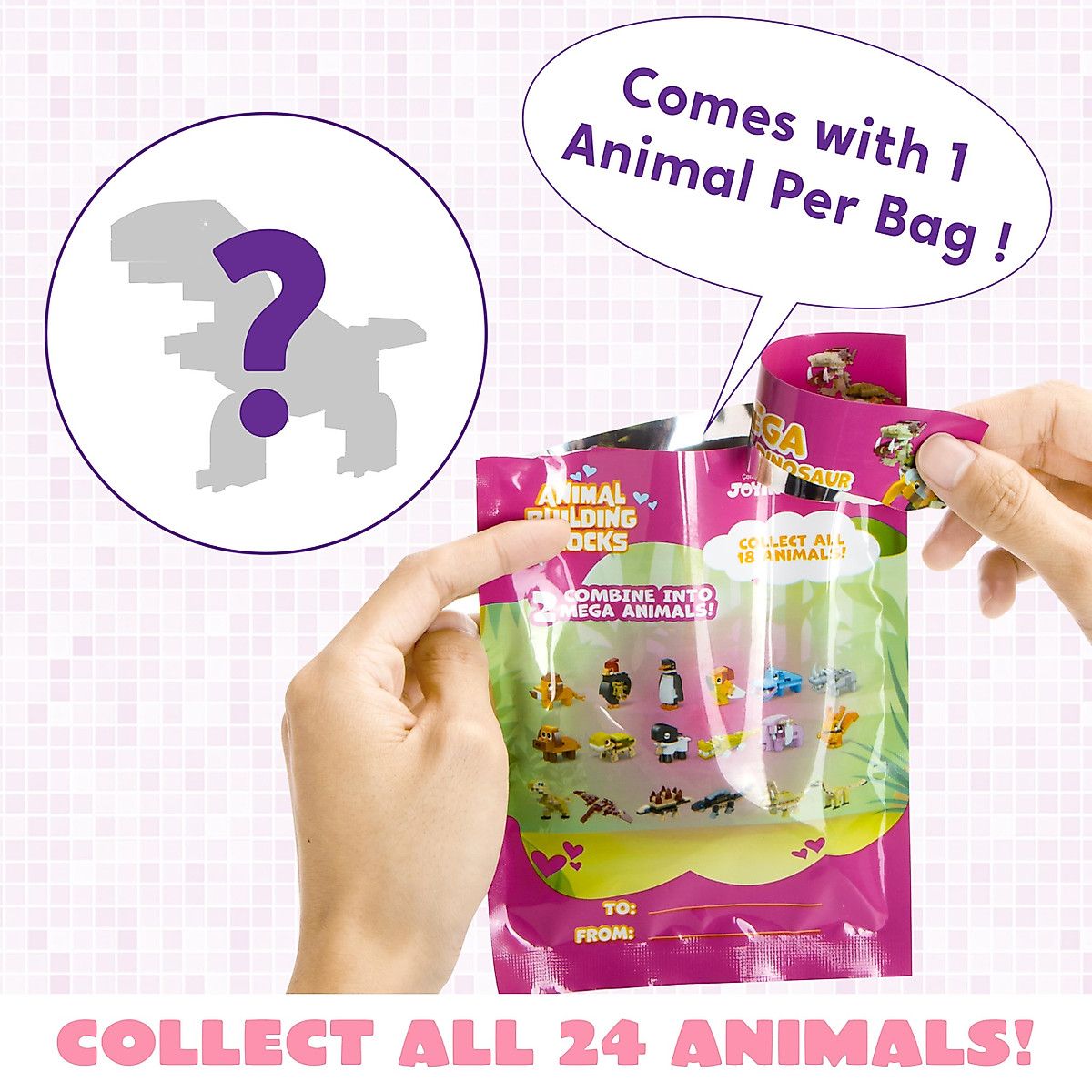 JOYIN 24 Pcs Valentine Animal Building Blocks in Blind Bags, Including Dinosaur, Sea Animal and Wildlife Creatures Design, Kids Valentine's Day Party Favors, Gift Exchange, STEM Educational Toy