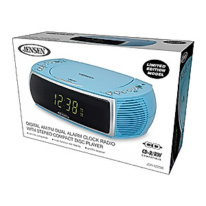 Jensen Sky Blue Modern Home CD Tabletop Stereo Clock Digital AM/FM Radio CD Player Dual Alarm Clock CD Top-Loading Player | USB Charging Port DV 5V 800mA | Headphone Jack | 0.9 Display Green LED