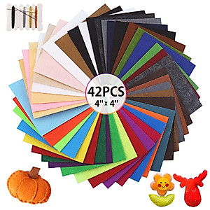 HTVRONT Felt Sheets for Crafts - 42PCS Stiff Felt Sheets, 34 Assorted Colors 4 x 4 Inches (10 x 10cm) Felt Fabric Sheets 1 mm Thick with Needle and Thread Kit for Embroidery Fabric Craft Kits