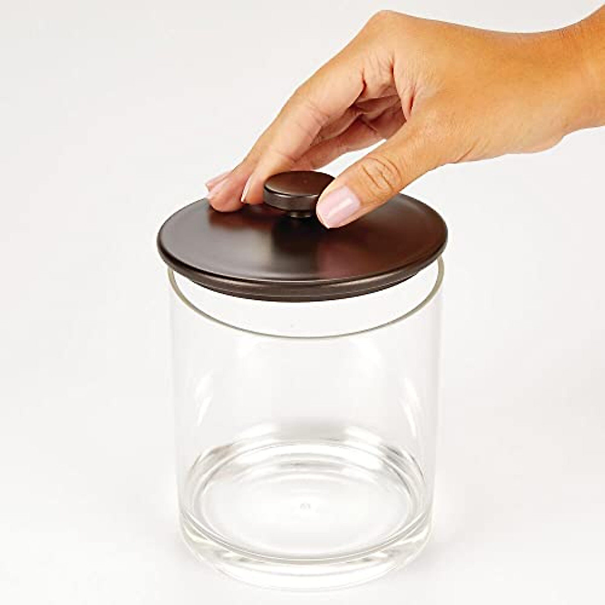 mDesign Small Modern Apothecary Storage Organizer Canister Jars - Acrylic Containers for Bathroom, Organization Holder for Vanity, Counter, Makeup Table, Lumiere Collection, 2 Pack, Clear/Bronze