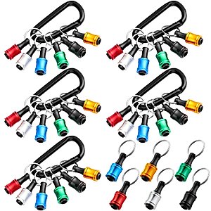Therwen 30 Pcs 1/4" Hex Shank Aluminum Screwdriver Bit Holder Screwdriver Bits Holder Aluminum Alloy Bit Holder Keychain Bit Organizer Drill Screw Adapter for Tool, 6 Color with Black Clip(Classic)