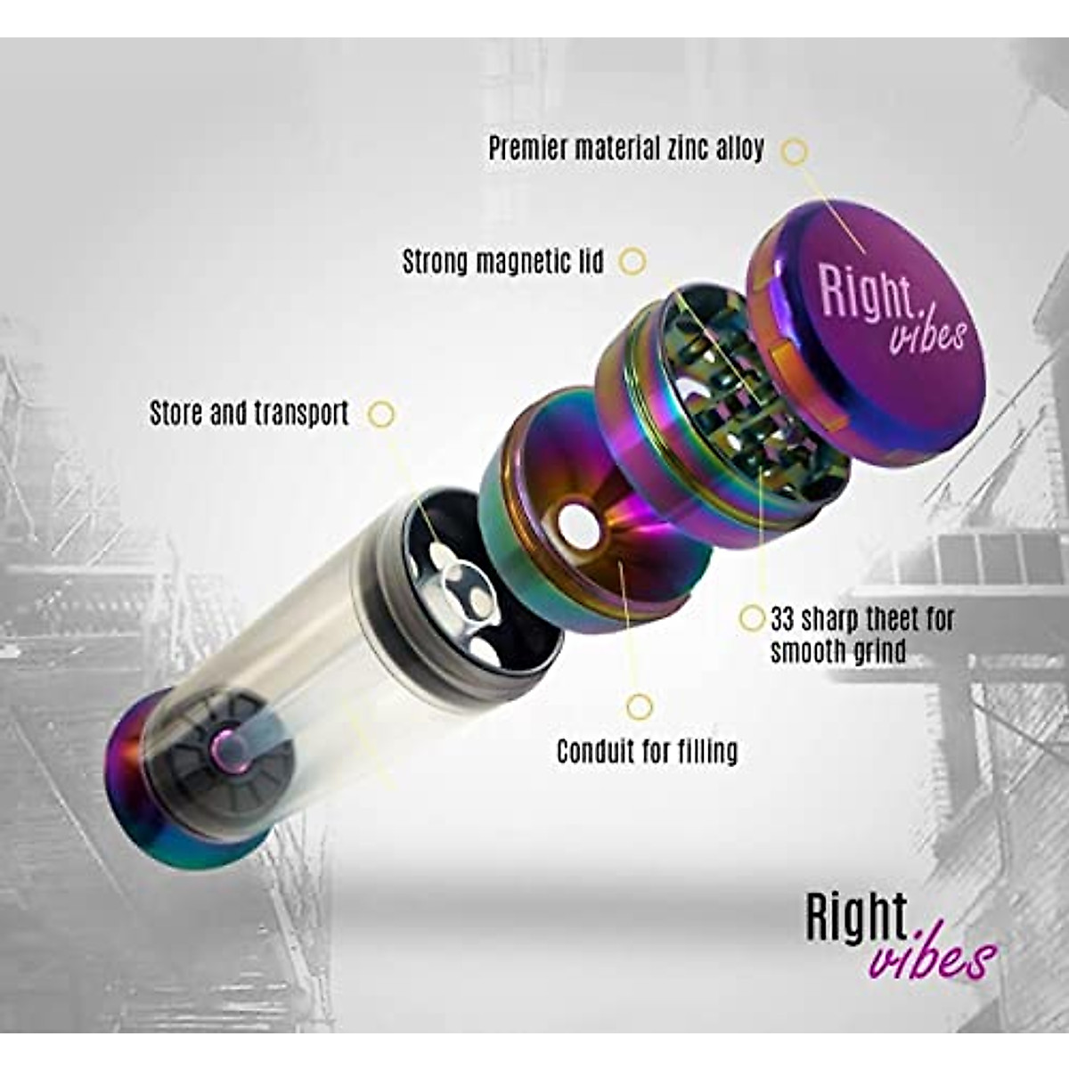 Right vibes 4 pieces grinder 2.2 cone with accessories to adjust it , Zinc alloy 3 in 1 multicolor