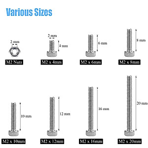 DYWISHKEY 310 Pieces M2 x 4mm/6mm/8mm/10mm/12mm/16mm/20mm, Stainless Steel 304 Hex Socket Head Cap Bolts Screws Nuts Kit with Hex Wrench