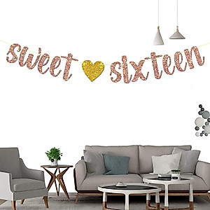 Maicaiffe Rose Gold Glitter Sweet Sixteen Banner - Happy 16th Birthday Banner - 16th Birthday Party Decorations for Girls - Sixteen Years Old Decorations